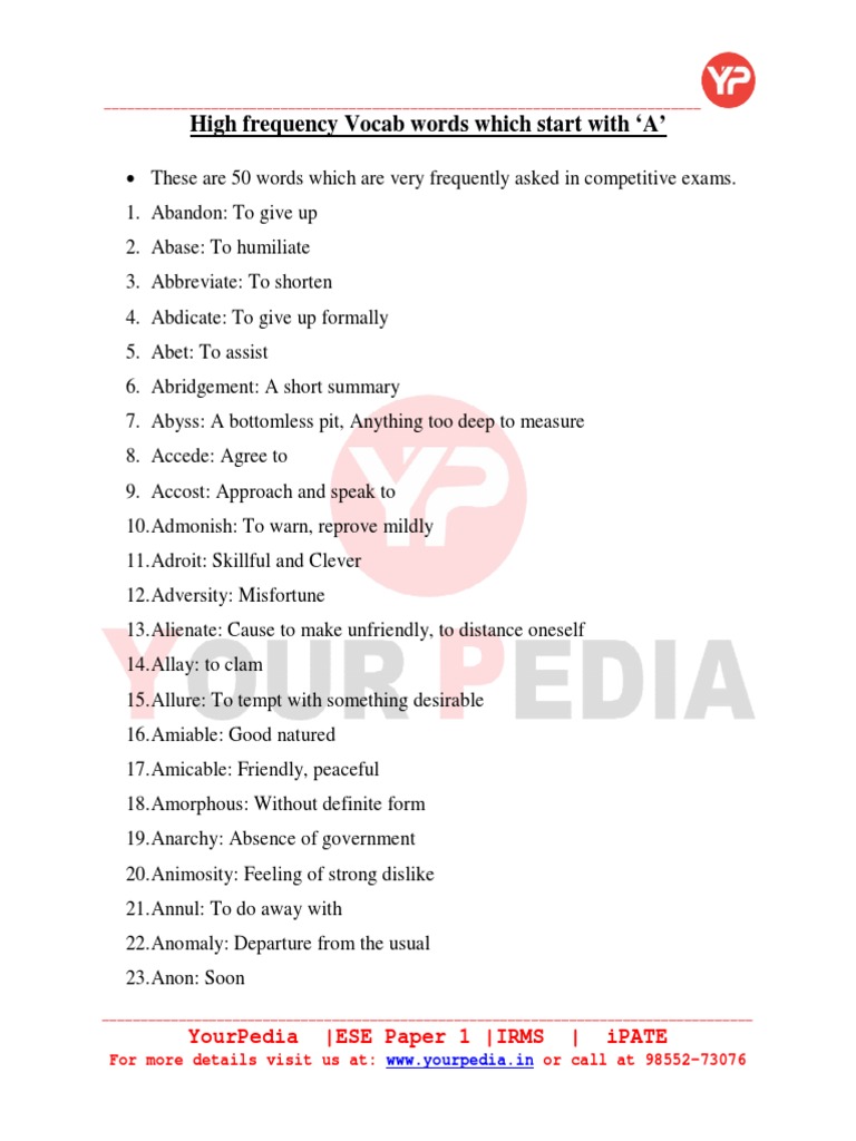 High Frequency Vocab Words Which Start With A': Yourpedia - Ese Paper 1 ...