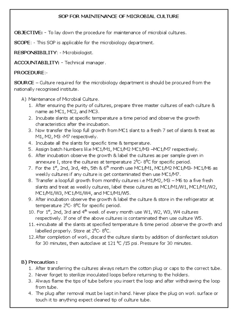 Microbial Culture Maintenance SOP | PDF | Sterilization (Microbiology ...