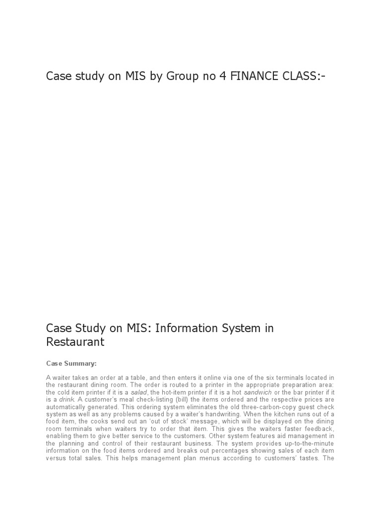 Restaurant MIS Case Study Analysis | PDF | Management Information ...