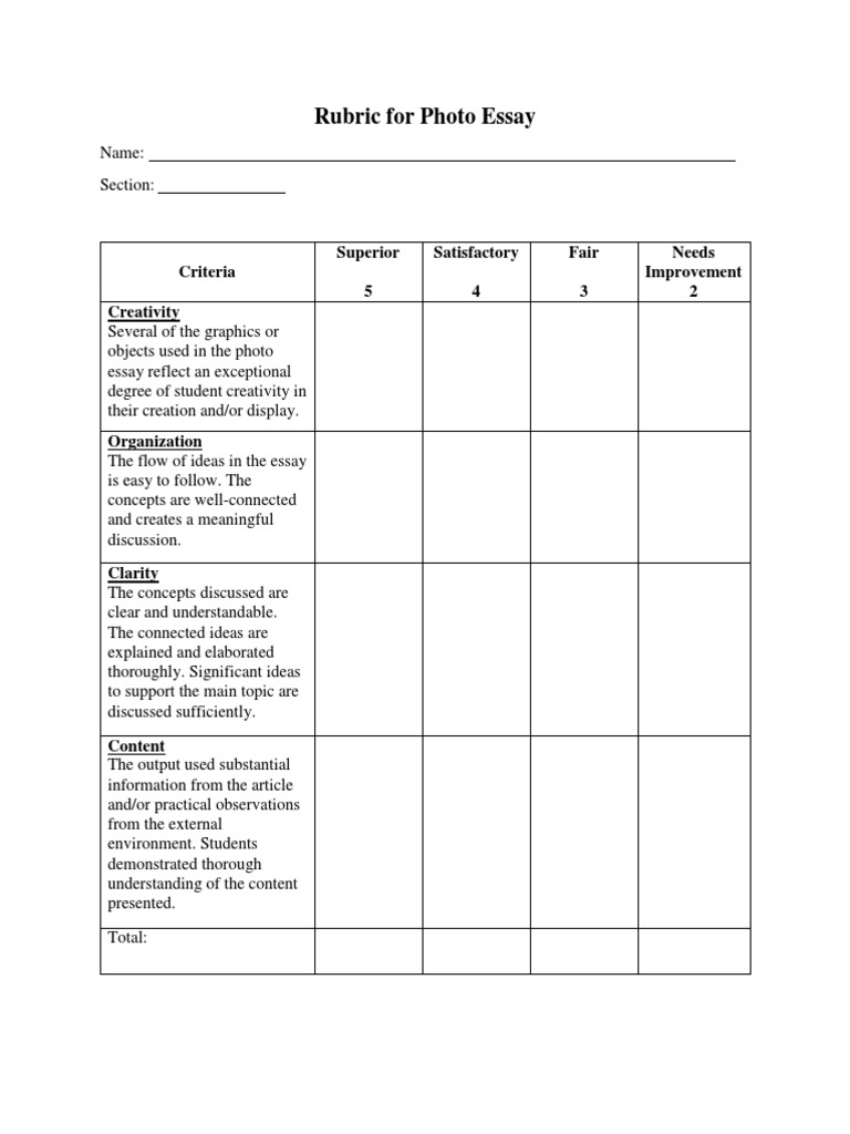 Rubric For Photo Essay: Criteria Superior 5 Satisfactory 4 Fair 3 Needs ...