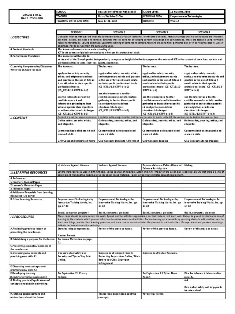 I.Objectives: Grades 1 To 12 Daily Lesson Log School Grade Level ...