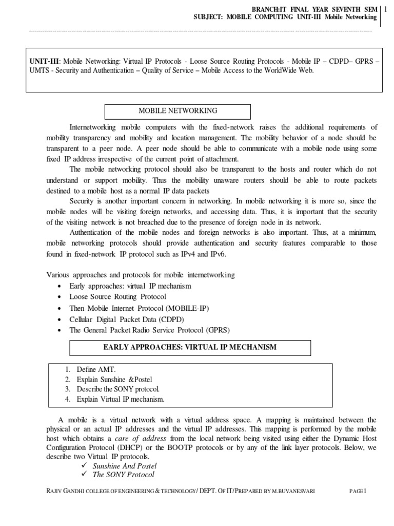UNIT-III: Mobile Networking: Virtual IP Protocols - Loose Source Routing Protocols - Mobile IP ...