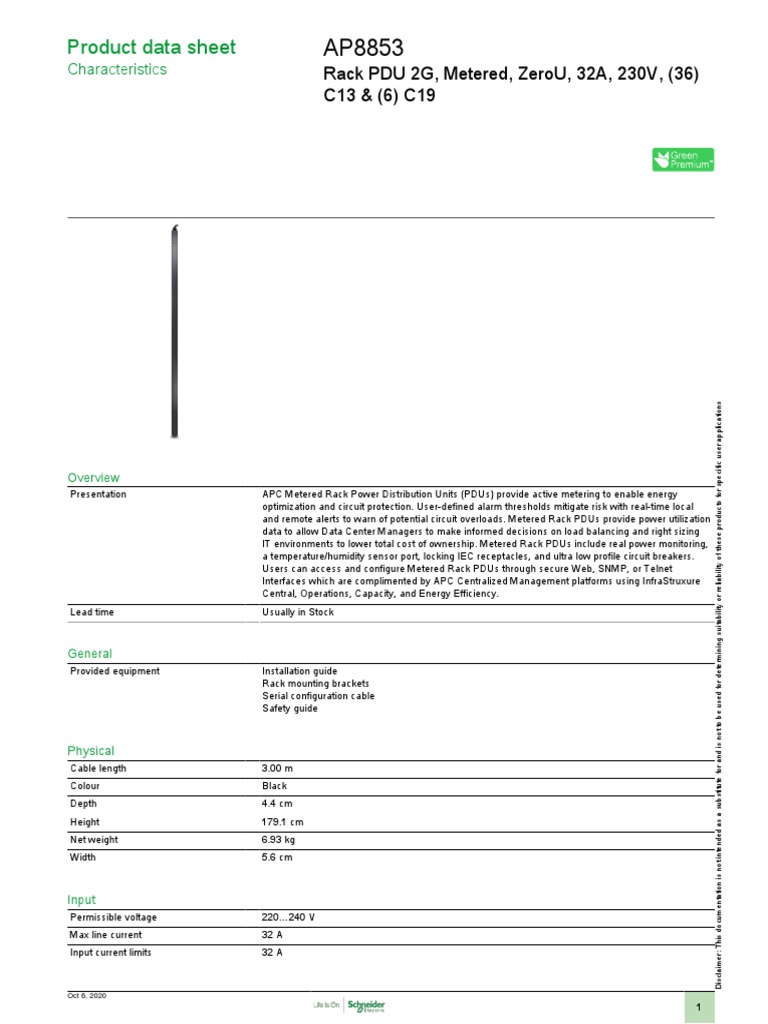 Product Data Sheet: Rack Pdu 2G, Metered, Zerou, 32A, 230V, (36) C13 ...
