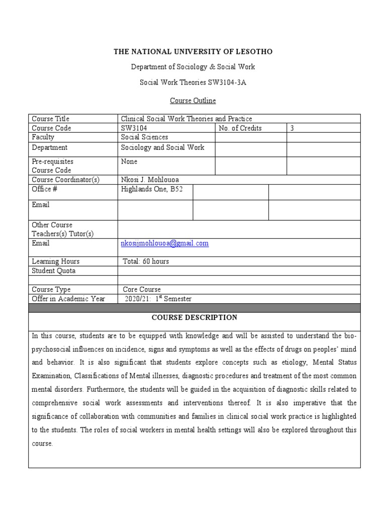 SW3104A-COURSE OUTLINE... Nkosi John | PDF | Social Work | Educational ...
