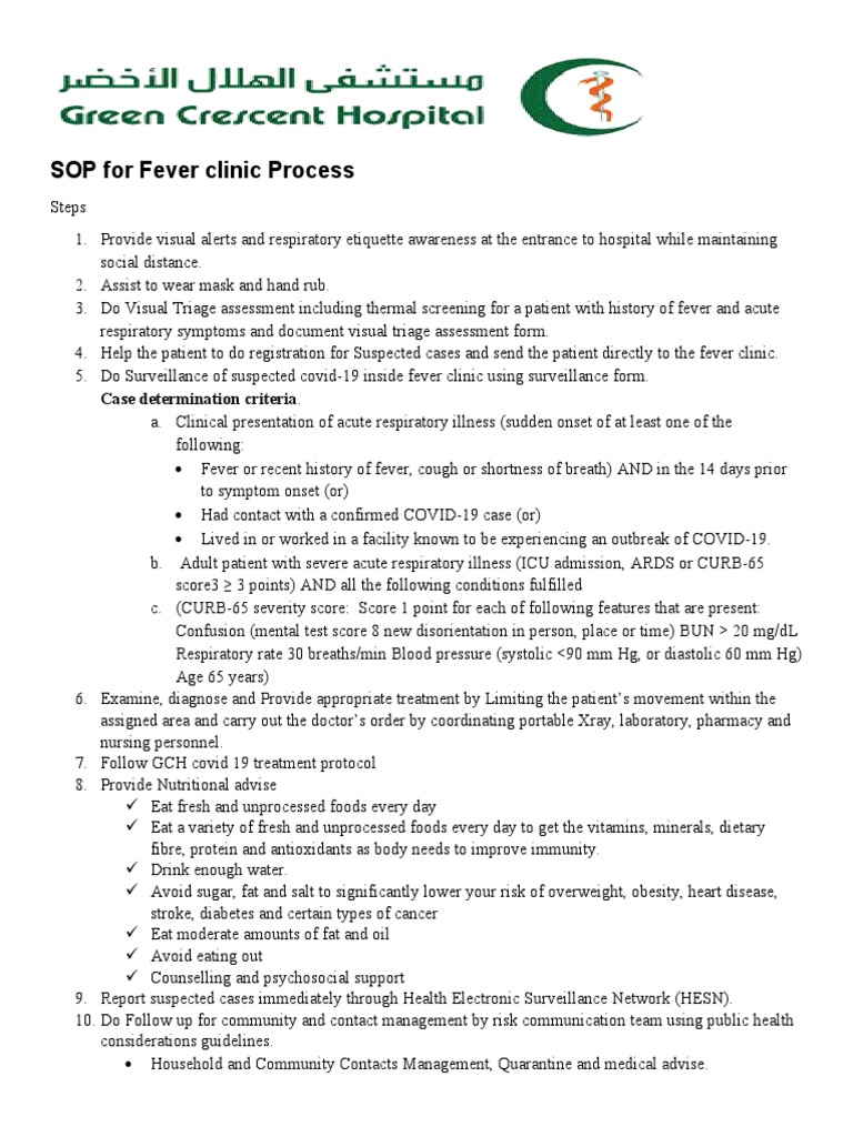 Fever Clinic SOP and Workflow Guide | PDF | Symptom | Health Care