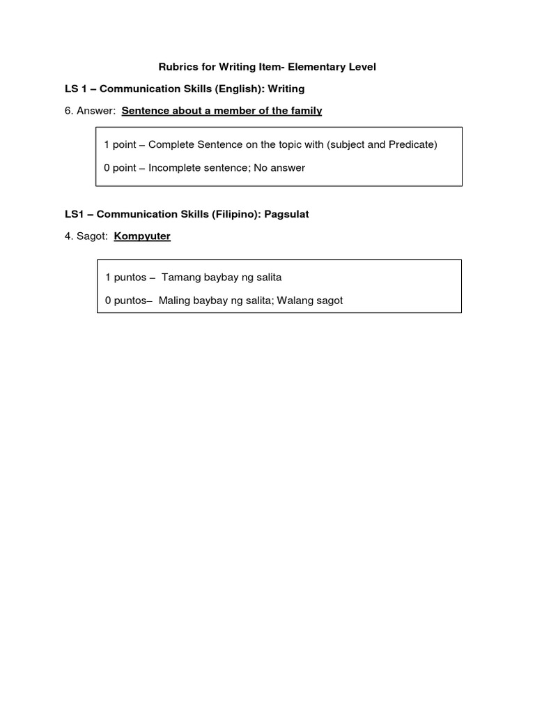 Rubrics For Writing Item-Elementary Level LS1 - Communication Skills ...