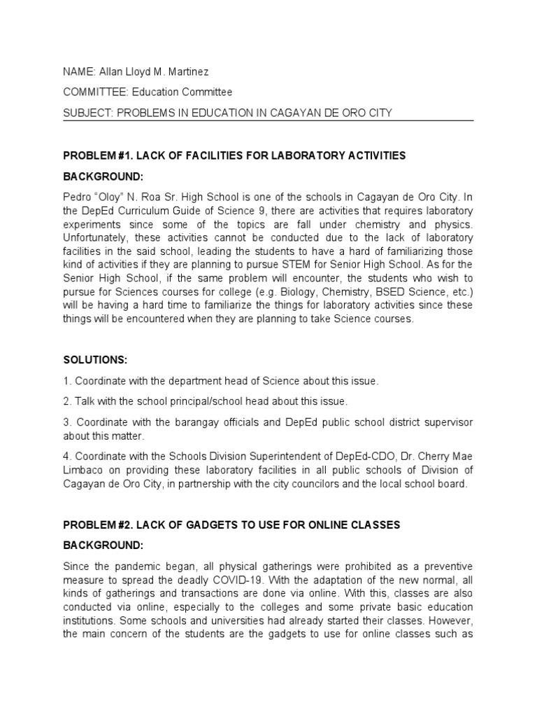 Problem #1. Lack of Facilities For Laboratory Activities Background ...