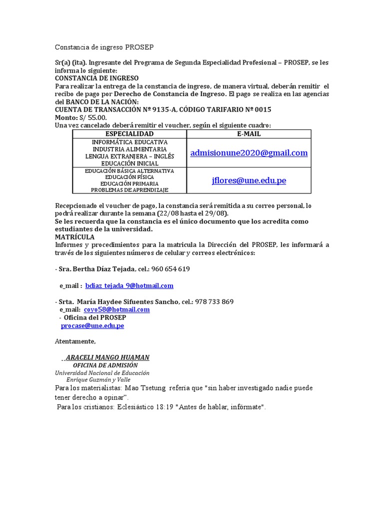 Constancia de Ingreso PROSEP | PDF