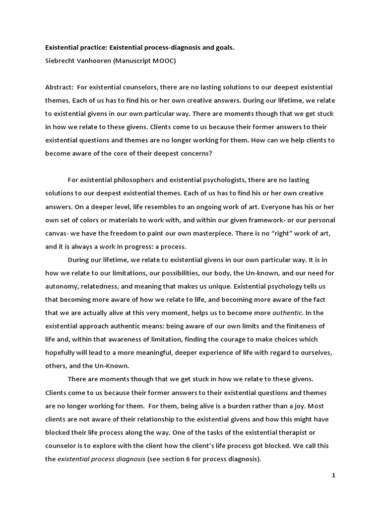 Existential Practice: Existential Process-Diagnosis and Goals | PDF | Existentialism | Psychotherapy