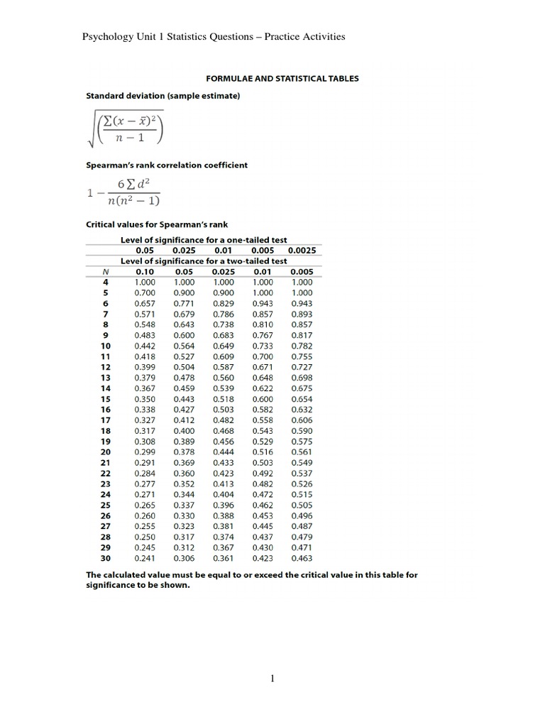 Psychology Unit 1 Statistics Questions - Practice Activities | PDF ...