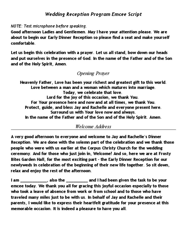 Wedding Reception Program Emcee Script | PDF | Wedding | Social Conventions