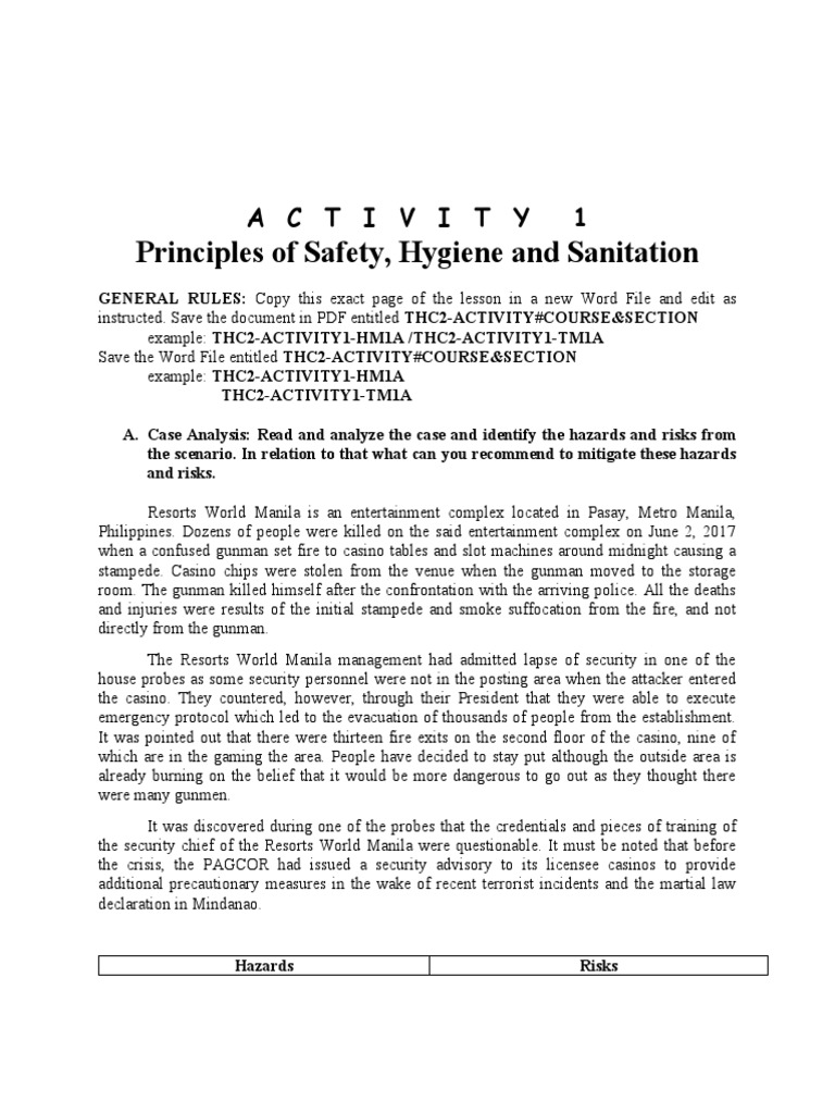 Principles of Safety, Hygiene and Sanitation: A C T I V I T Y 1 | PDF ...