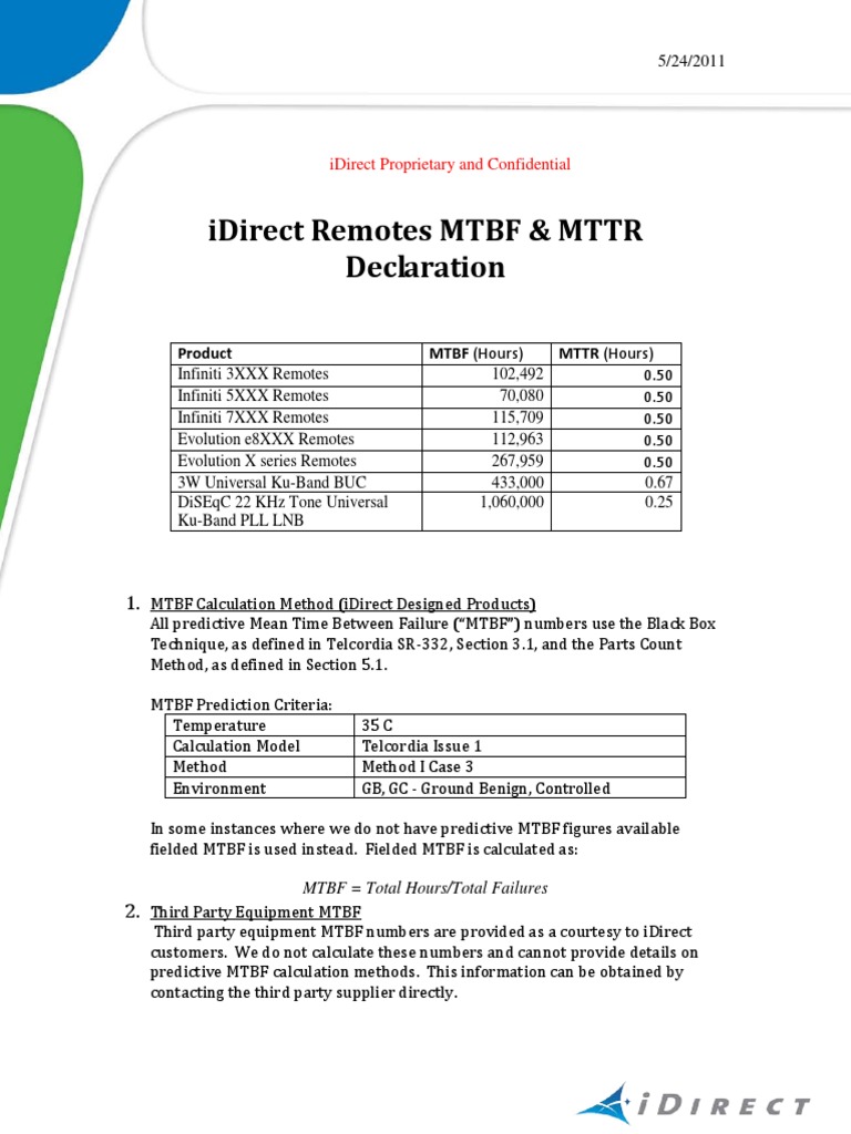 Idirect Remotes MTBF & MTTR Declaration | PDF | Common Law | Private Law