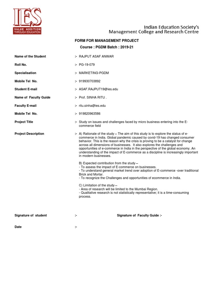 Course: PGDM Batch: 2019-21 Form For Management Project | PDF