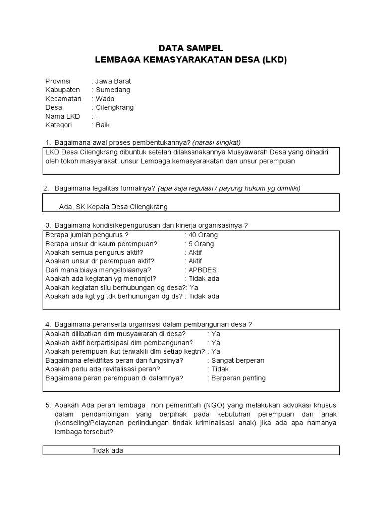 Form Sampel-Data LKD Wanajaya | PDF