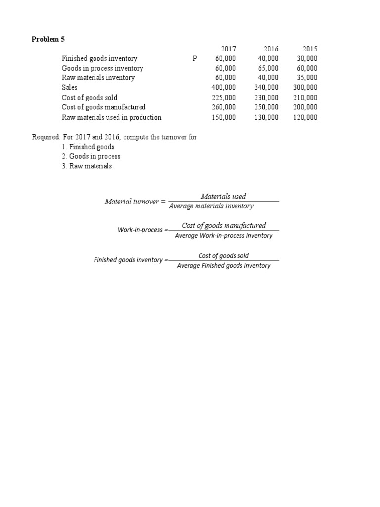Problem 5: Material Turnover Materials Used Average Materials Inventory ...