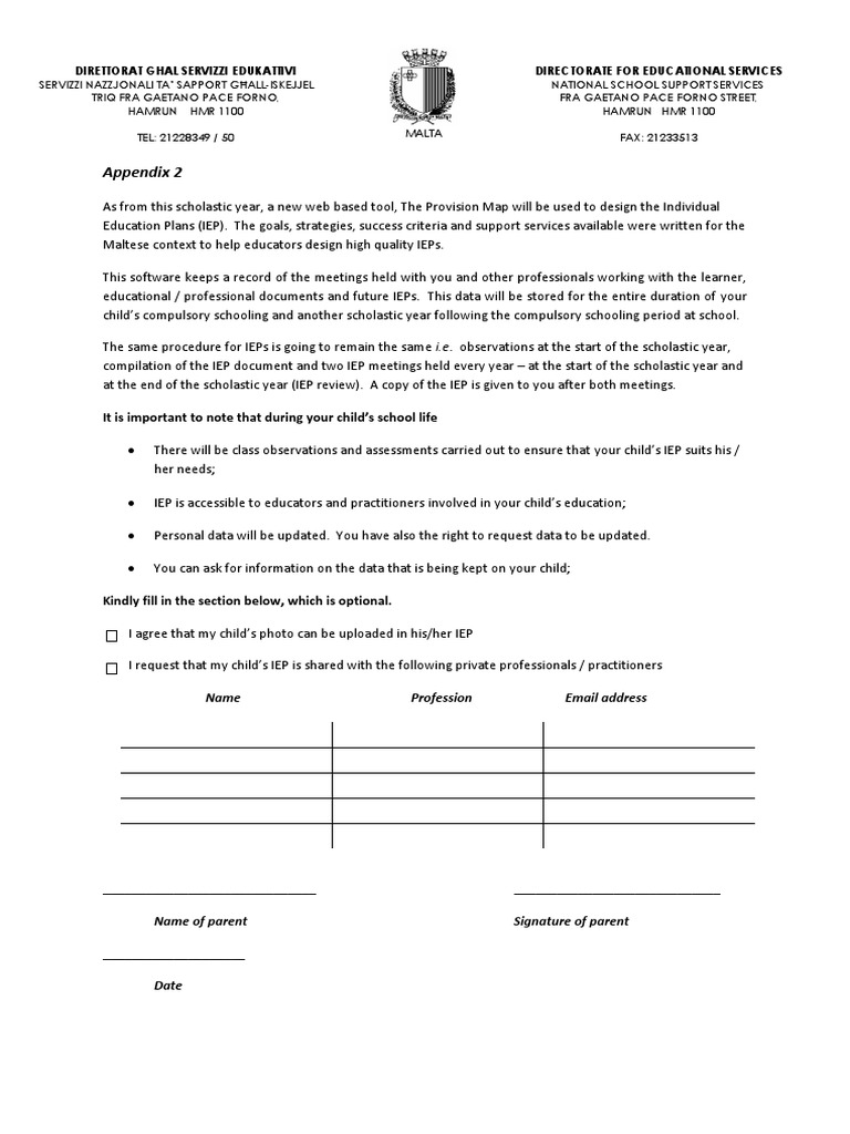 Appendix 2 - Parent Consent IEP | PDF | Individualized Education ...