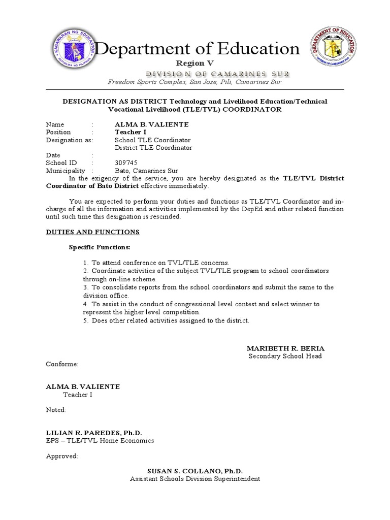 Designation As District TLE TVL Coordinator | PDF
