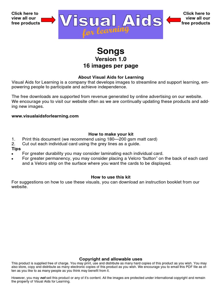 VisualAids EarlyChildhood Songs 16 Images Per Page | PDF | Online ...