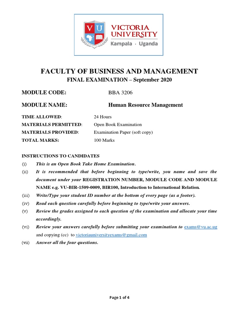 Human Resource Management Exam 2020 | PDF | Test (Assessment) | Business