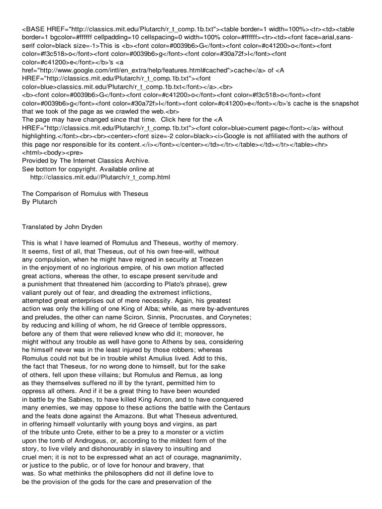 Plutarch - The Comparison of Romulus With Theseus | PDF | Theseus | Courage