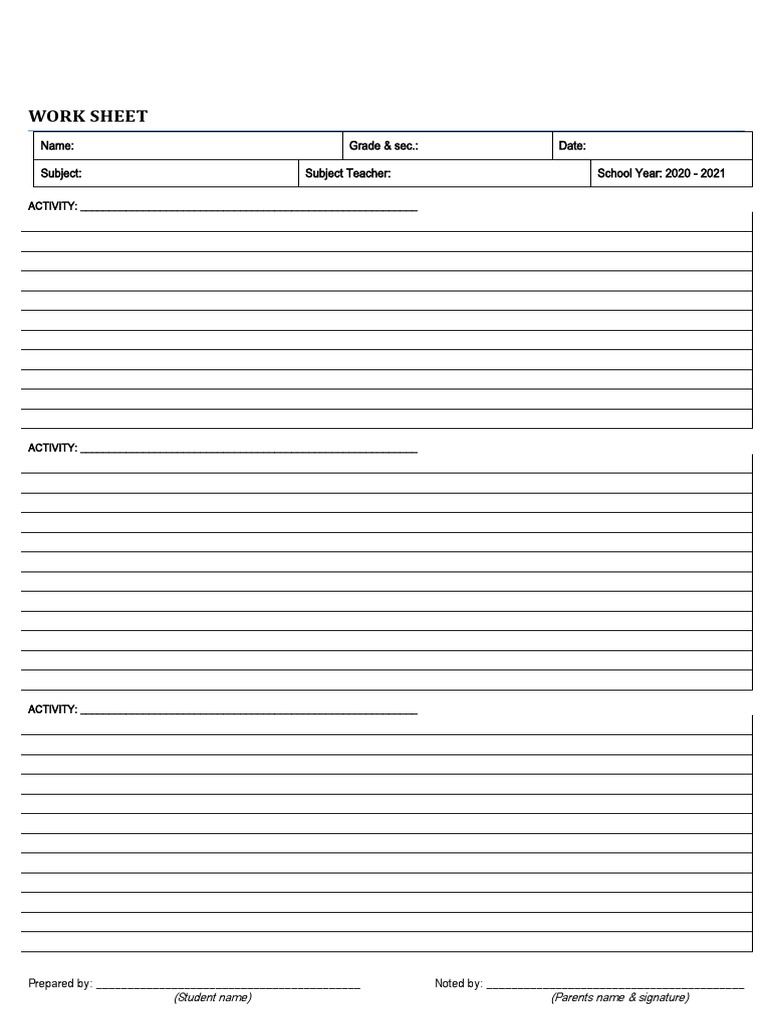 Work Sheet: Name: Grade & Sec.: Date: Subject: Subject Teacher: School ...