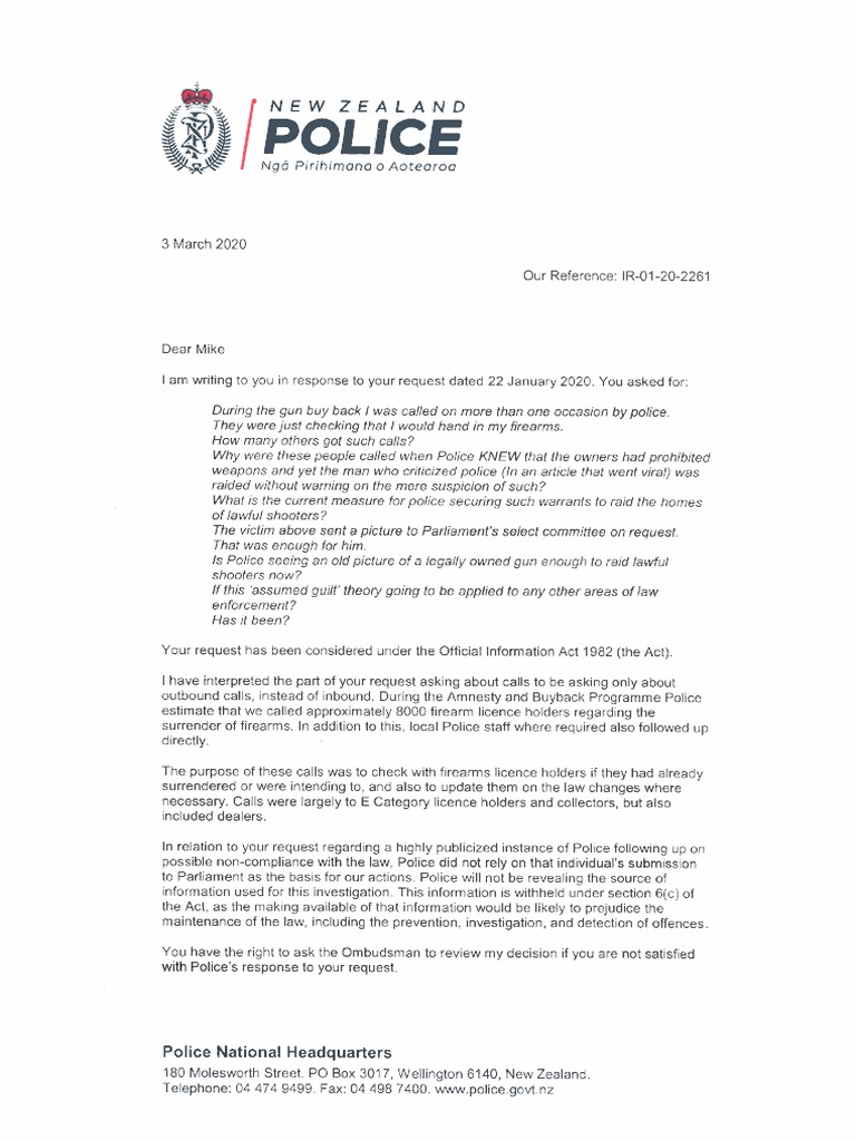NZ Police OIA Response To IR-01-20-2261 | PDF