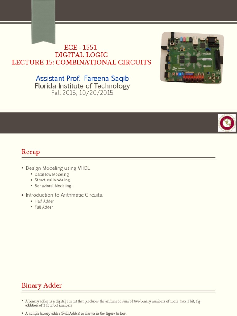 ECE - 1551 Digital Logic Lecture 15: Combinational Circuits: Assistant Prof. Fareena Saqib | PDF ...