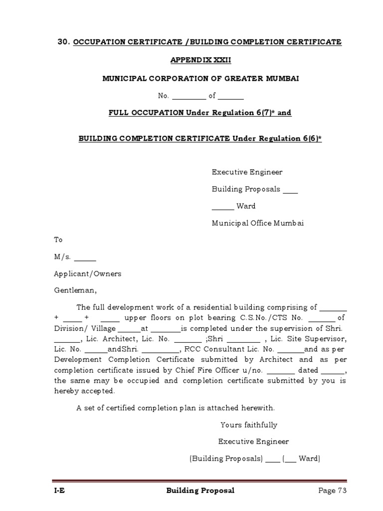Occupation Certificate /building Completion Certificate Appendix Xxii ...