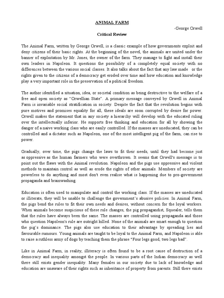 Animal Farm Book Review | PDF | Social Inequality | Discrimination ...