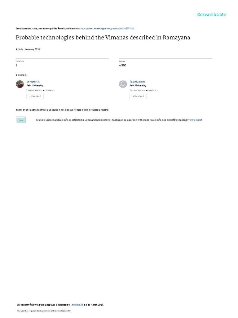 Probable Technologies Behind The Vimanas Described in Ramayana | PDF | Ramayana | Sita