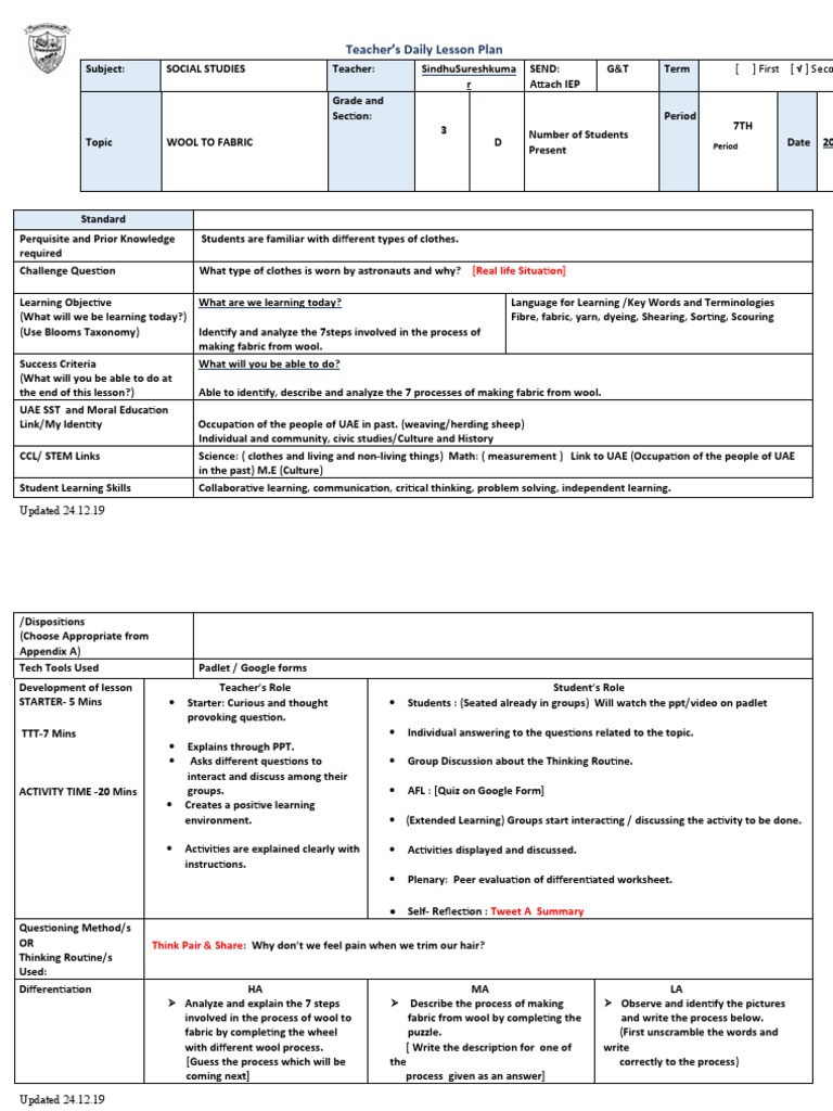 Wool to Fabric: Grade 3 Lesson Plan | PDF | Textiles | Educational ...