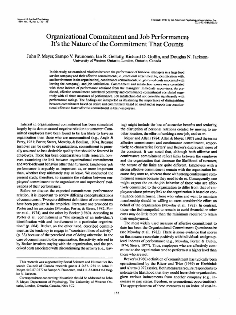 Organizational Commitment and Job Performance It's The Nature of The ...