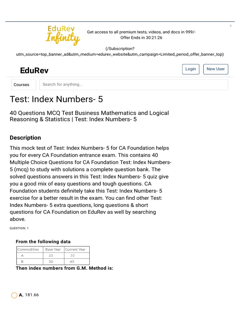 Index Numbers - 5 MCQ Test | PDF | Price Indices | Multiple Choice