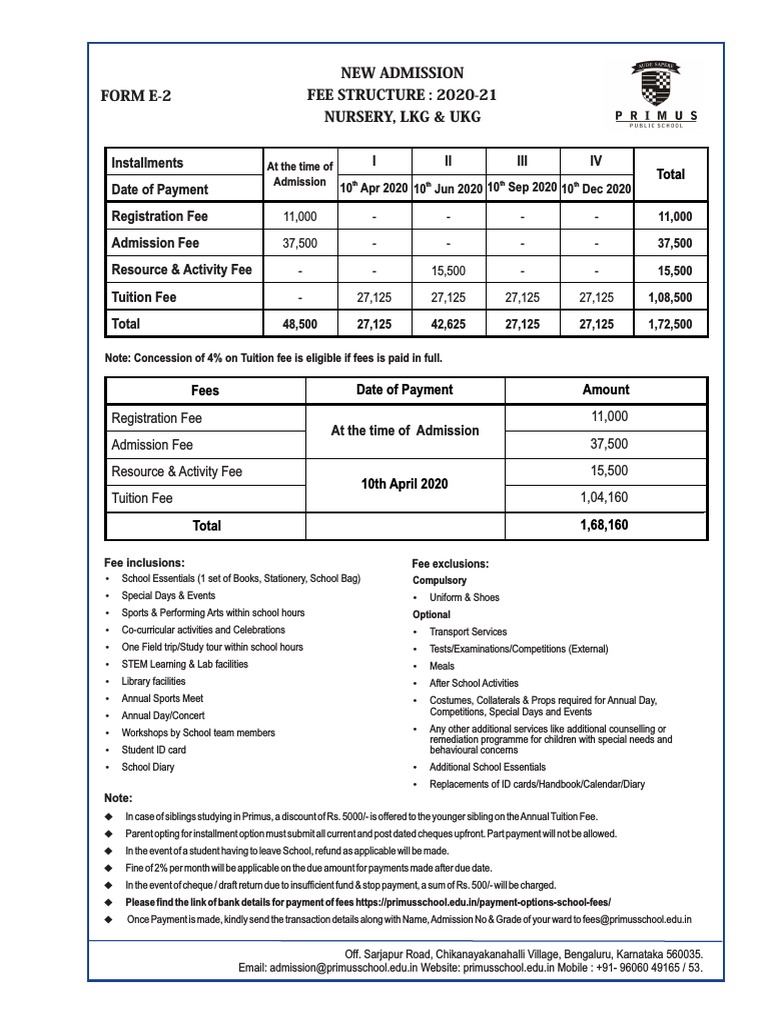 Primus 2020 21 Nur LKG Ukg Form e 2 PDF | PDF | Fee | Payments