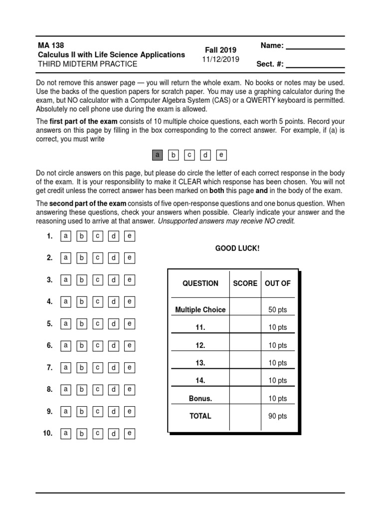 Ex3 F19 Practice Sol | PDF | Multiple Choice | Stability Theory