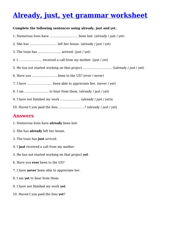 Already, Just, Yet Grammar Worksheet | PDF | Home & Garden