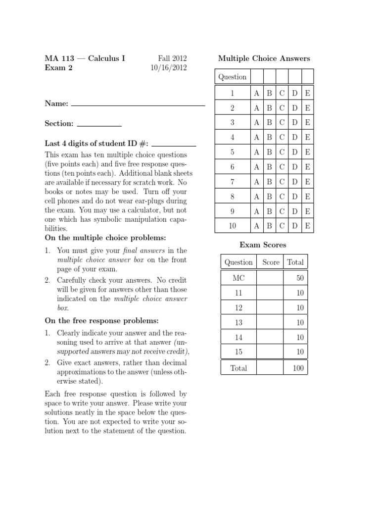Calculus I Exam with Multiple Choice and Free Response Questions on ...