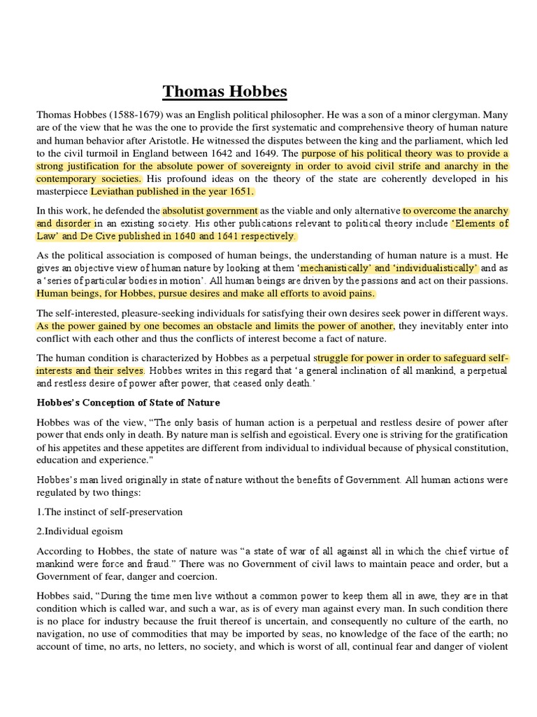 Thomas Hobbes: Hobbes's Conception of State of Nature | PDF ...