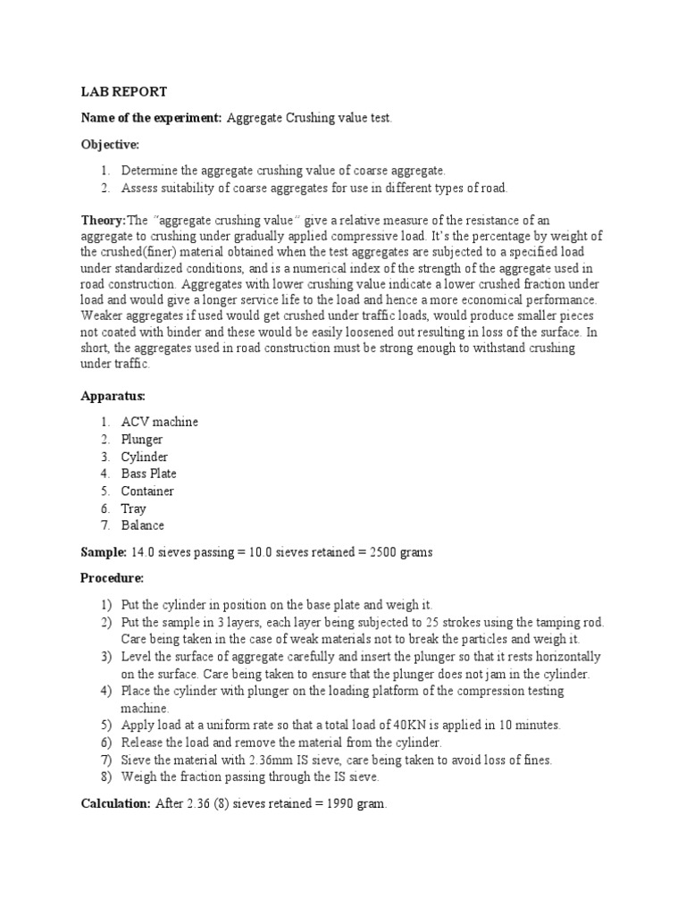 Objective:: Lab Report Name of The Experiment: Aggregate Crushing Value ...