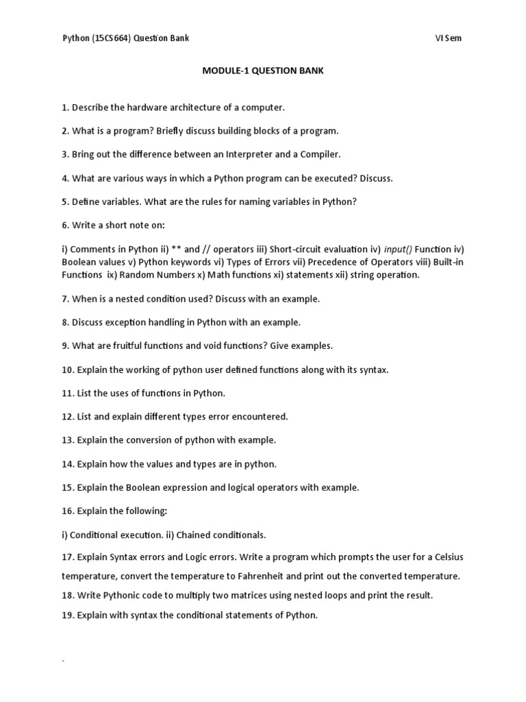 Module 1 Question Bank Pdf Python Programming Language Subroutine 5825