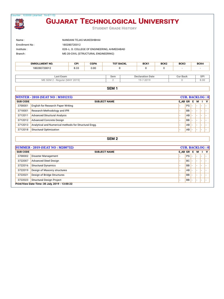 GTU Student Grade History Report | PDF | Structural Engineering ...