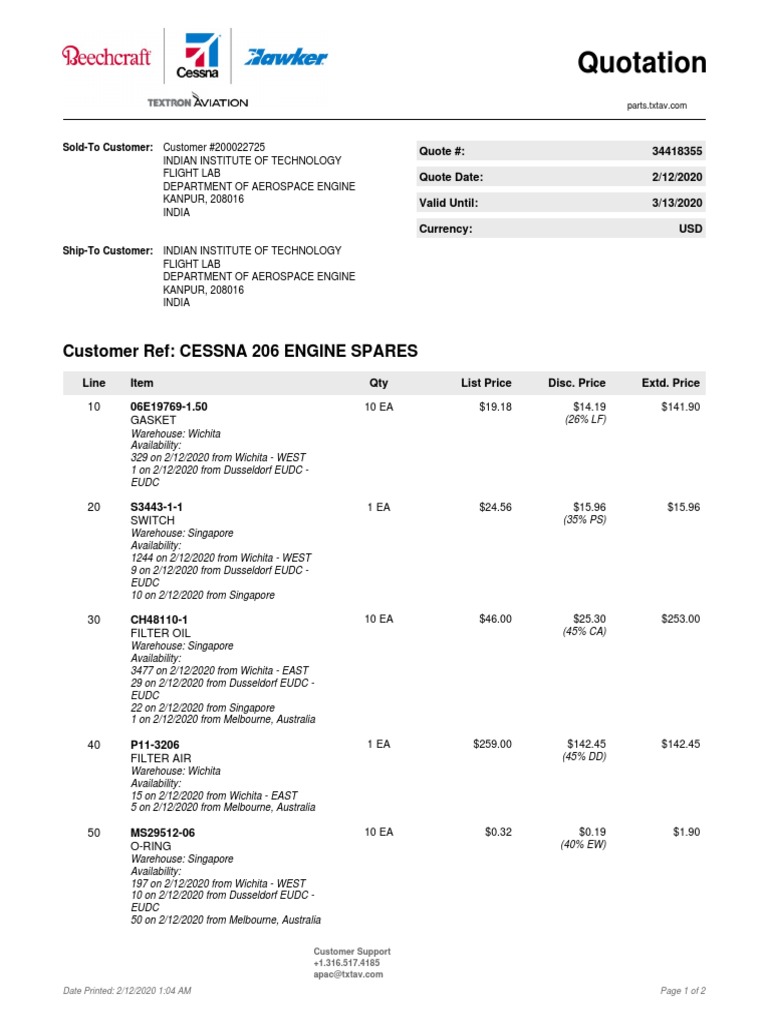 Quotation: Customer Ref: CESSNA 206 ENGINE SPARES | PDF | Aviation ...