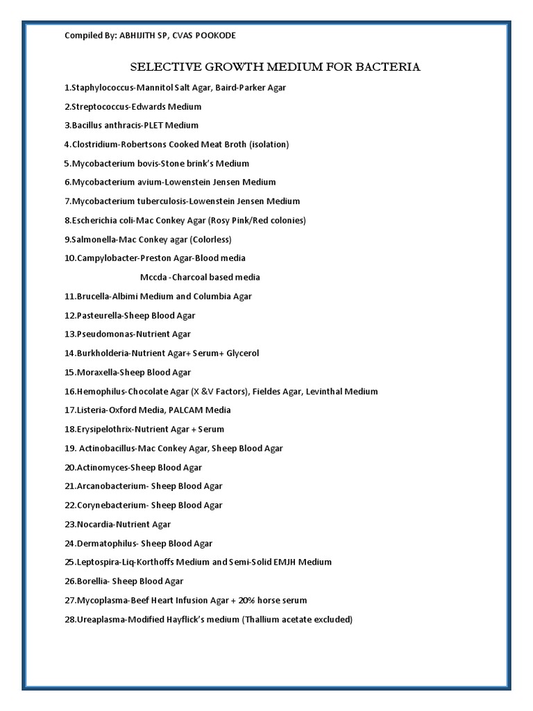 Selective Media For Bacteria | PDF