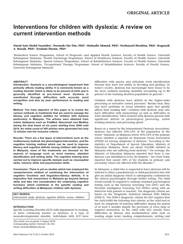 Interventions For Children With Dyslexia A Review On Current ...