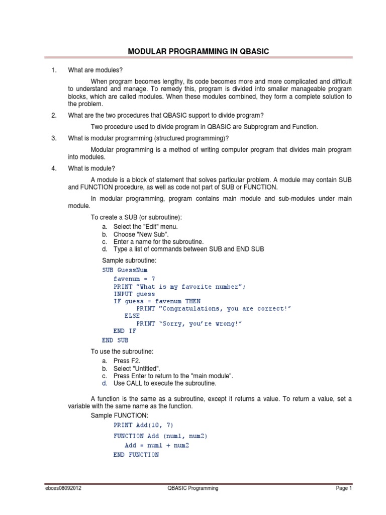Modular Programming In Qbasic Pdf Subroutine Parameter Computer Programming 7952