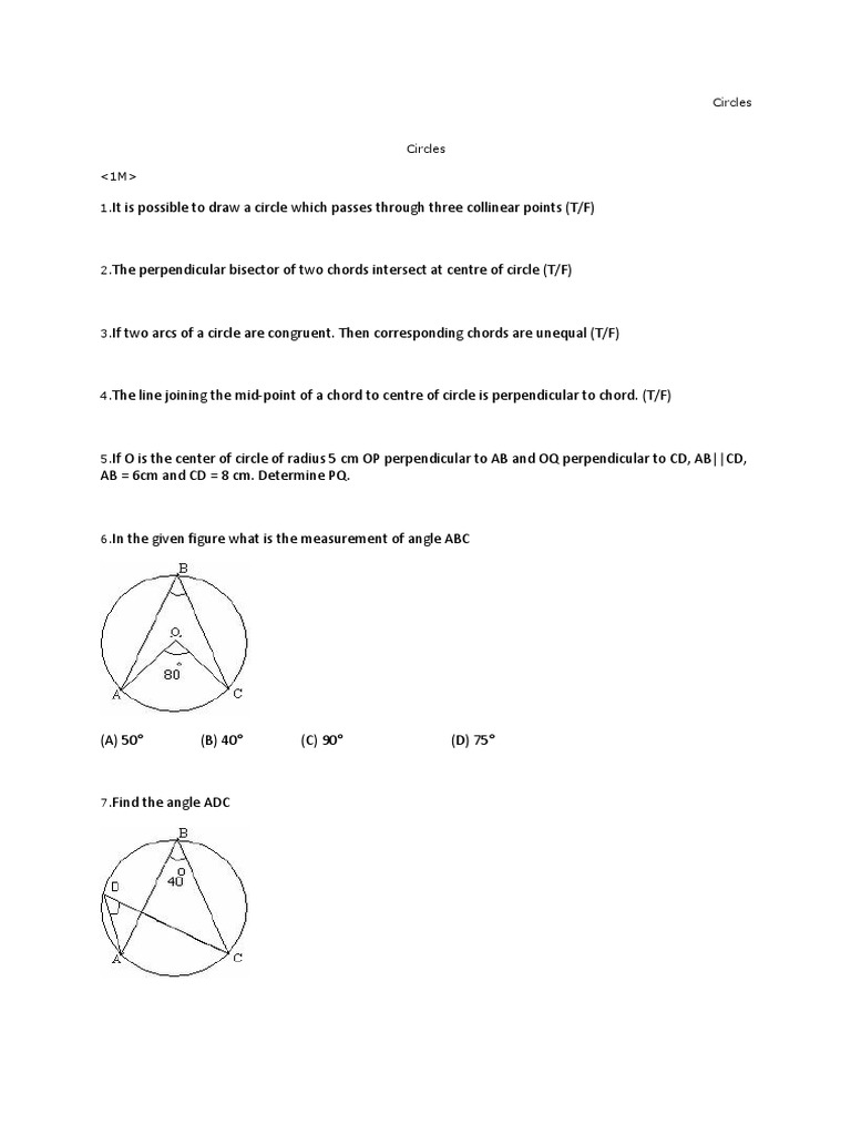 Class 9 Circles Worksheet with Solutions | PDF | Circle | Perpendicular