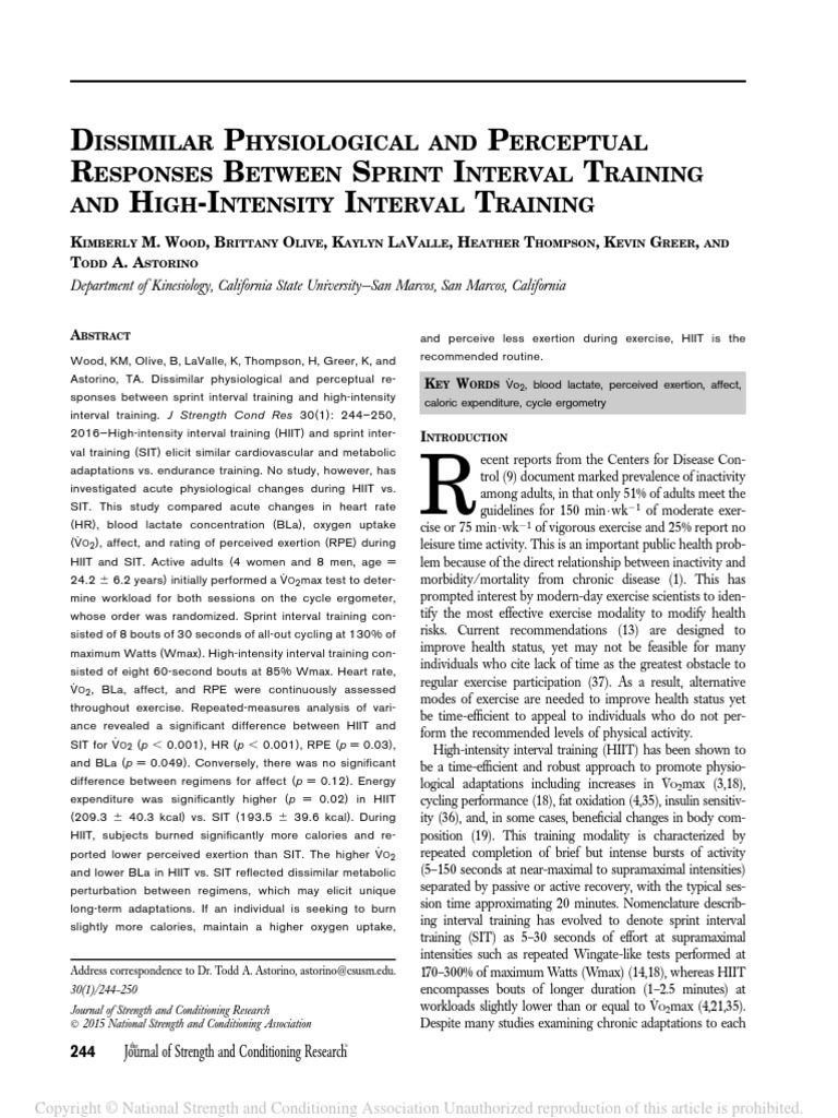 Dissimilar Physiological and Perceptual Responses Between Sprint Interval Training and High ...