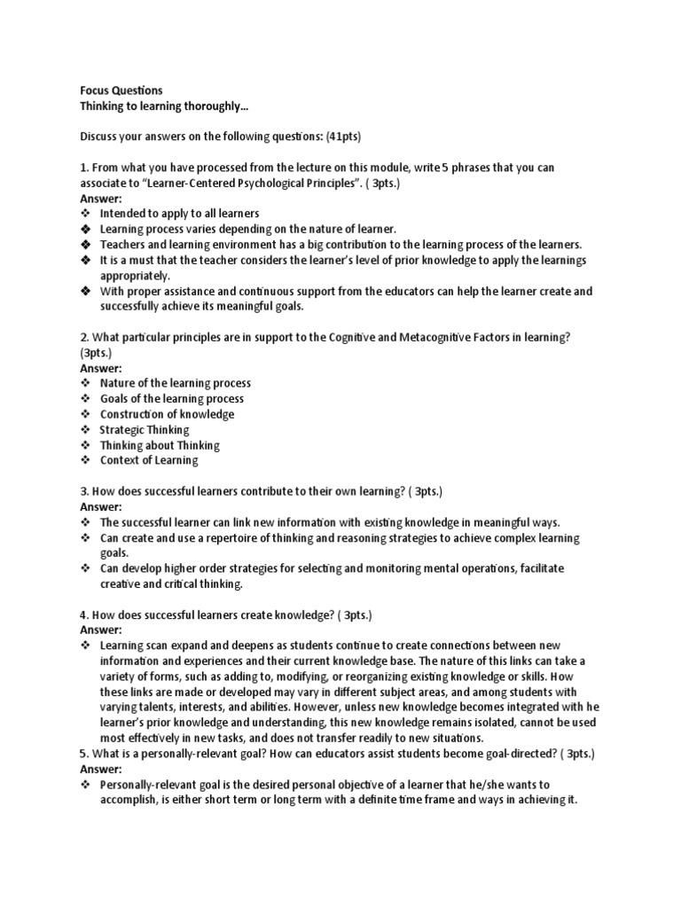 Focus Questions Module 1 Profed 1 | PDF | Metacognition | Learning