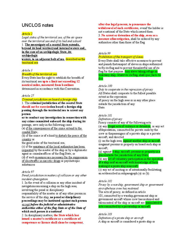 UNCLOS Notes | PDF | Territorial Waters | Piracy